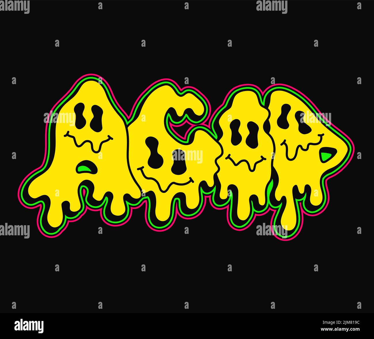 Acid quote,melt emoji face print for t-shirt.Vector hand drawn cartoon ...