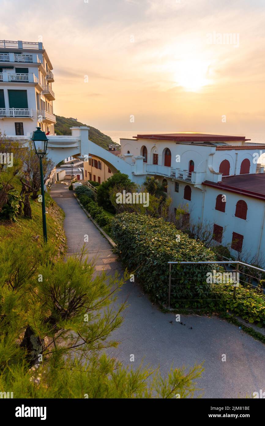 An aerial beautiful sunset in the town of Guethary, province of Lapurdi ...