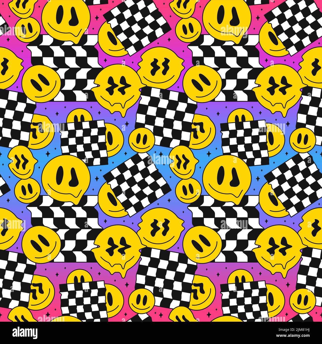 Funny melt smile faces geometry seamless pattern.Vector crazy cartoon ...