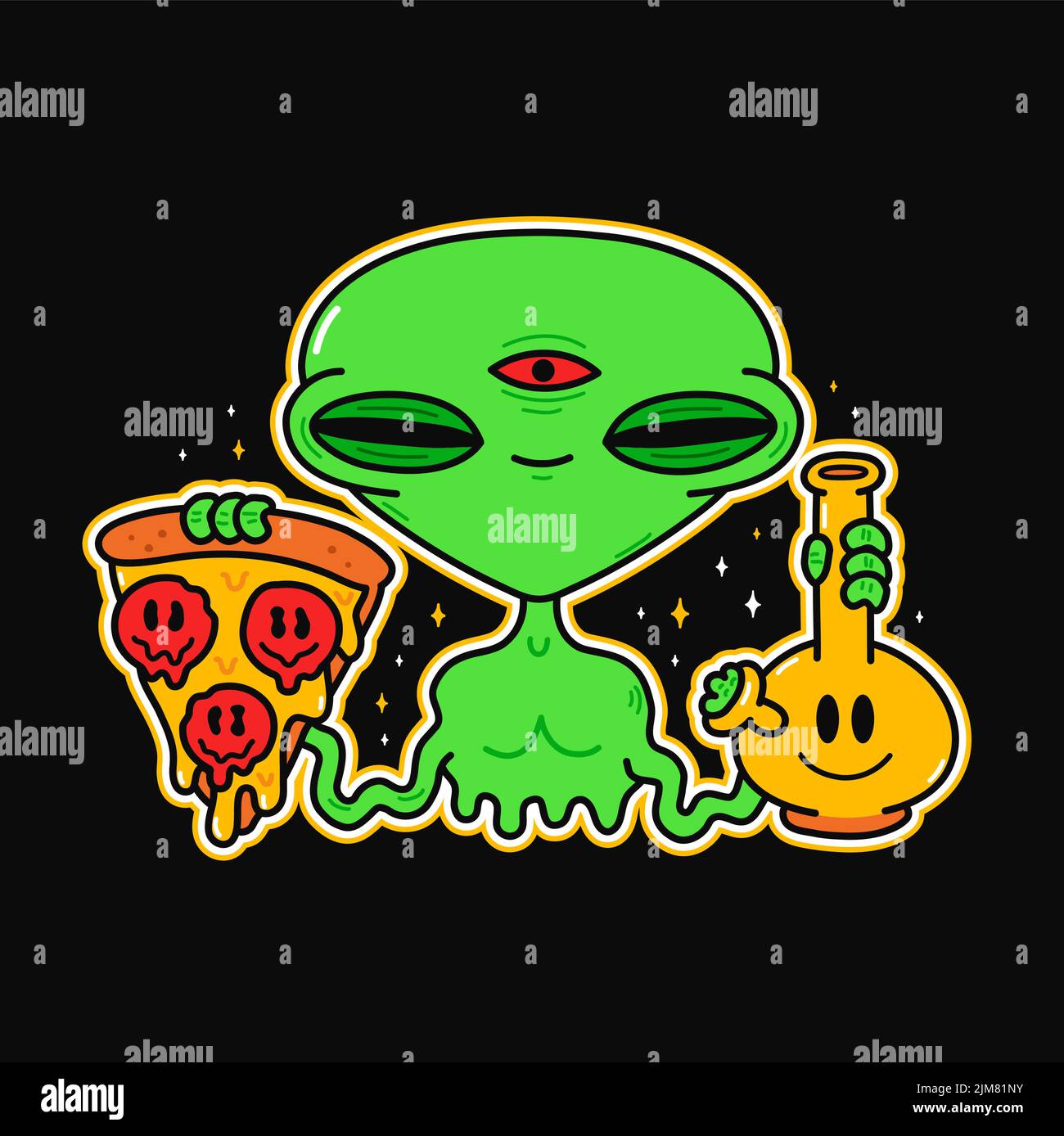 Funny green alien with pizza slice and bong.Vector logo cartoon ...