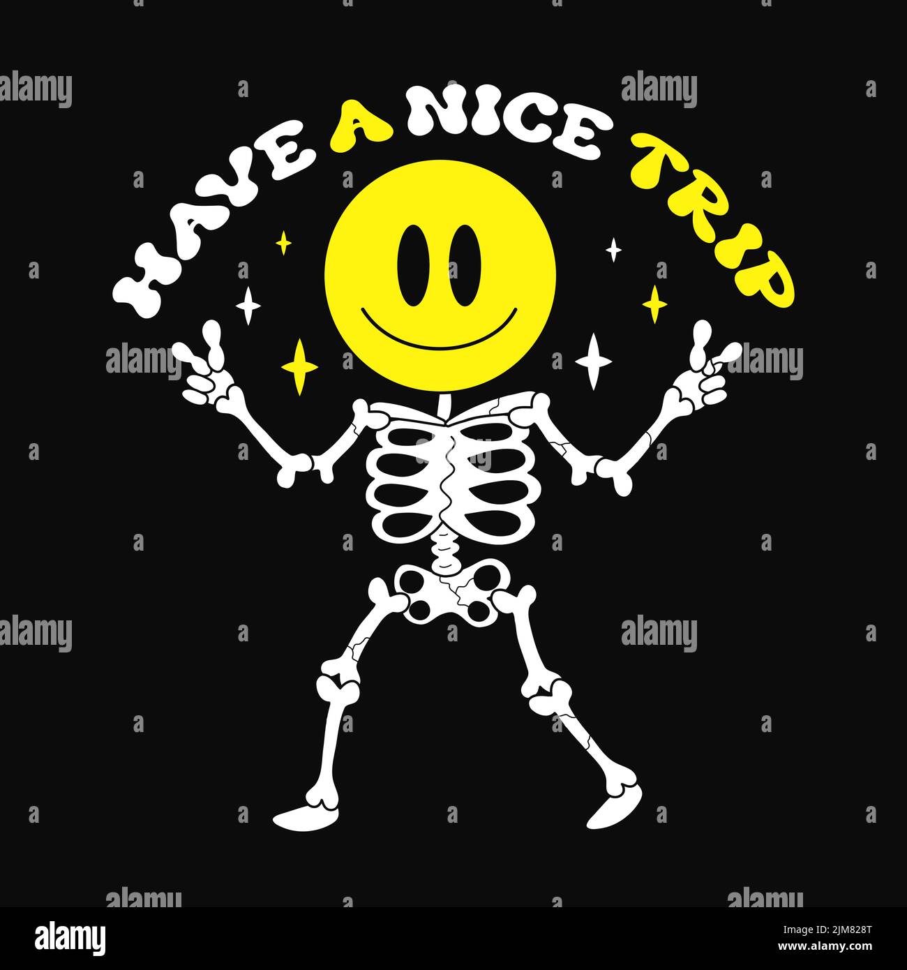 Skeleton with smile face t-shirt print. Have a nice trip quote. Vector ...