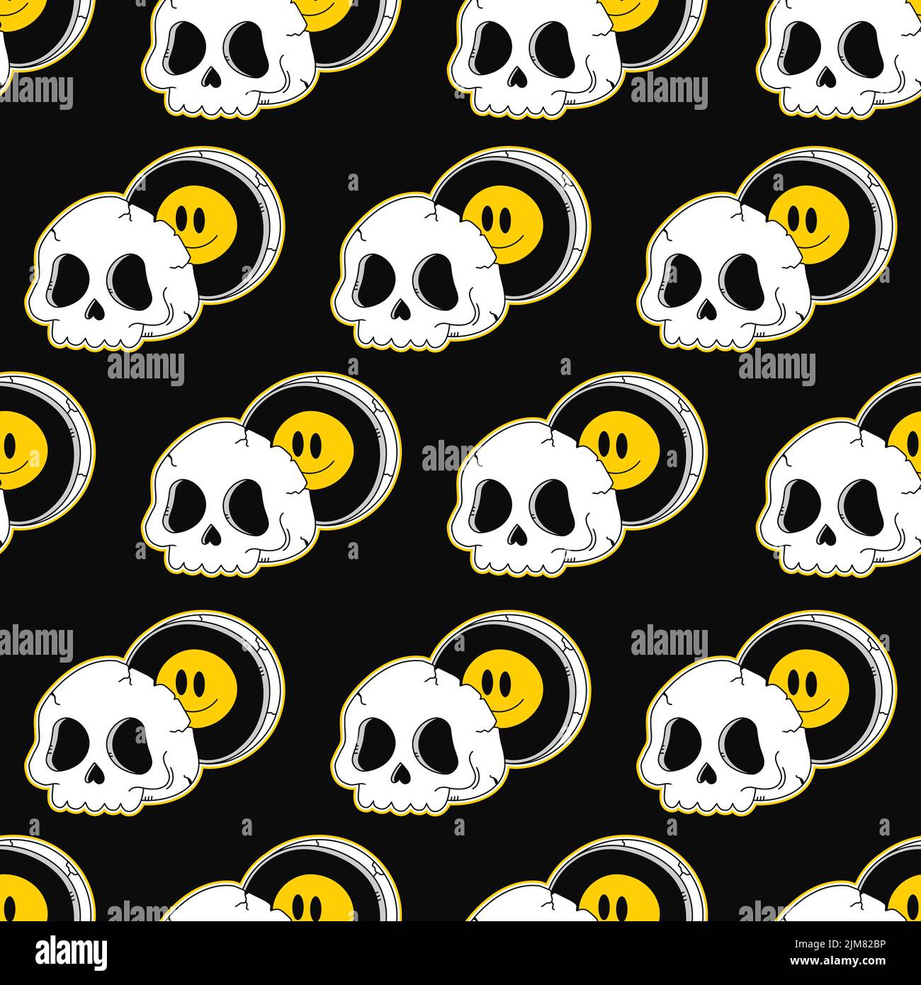Half of skull with smile face inside seamless pattern art.Vector line ...