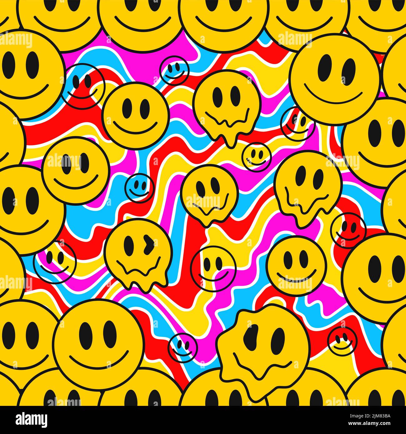 Psychedelic lines and melt smile face seamless pattern. Vector doodle ...