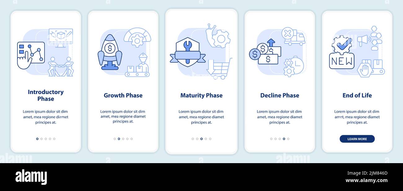 Stages Of Product Lifecycle Light Blue Onboarding Mobile App Screen Stock Vector Image And Art Alamy