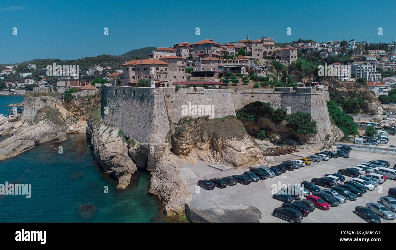 OVerview aerial drone panorama of ulcinj city castle viewed from the ...