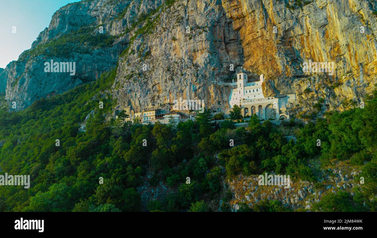 Evening view of Ostrog orthodox monastery in Montenegro or Crna gora ...