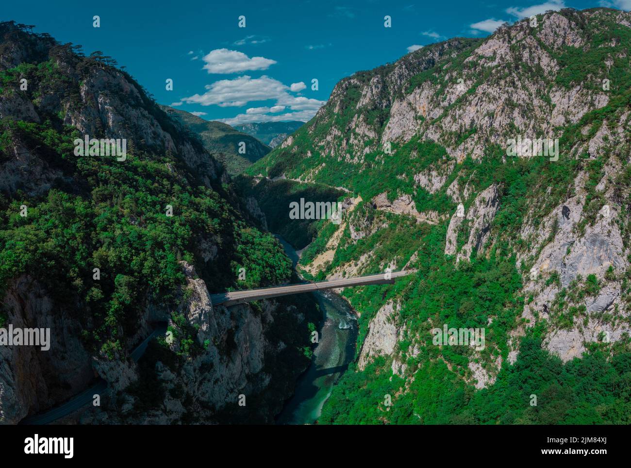 Narrow gorge of Piva river canyon close to the high road bridge over ...