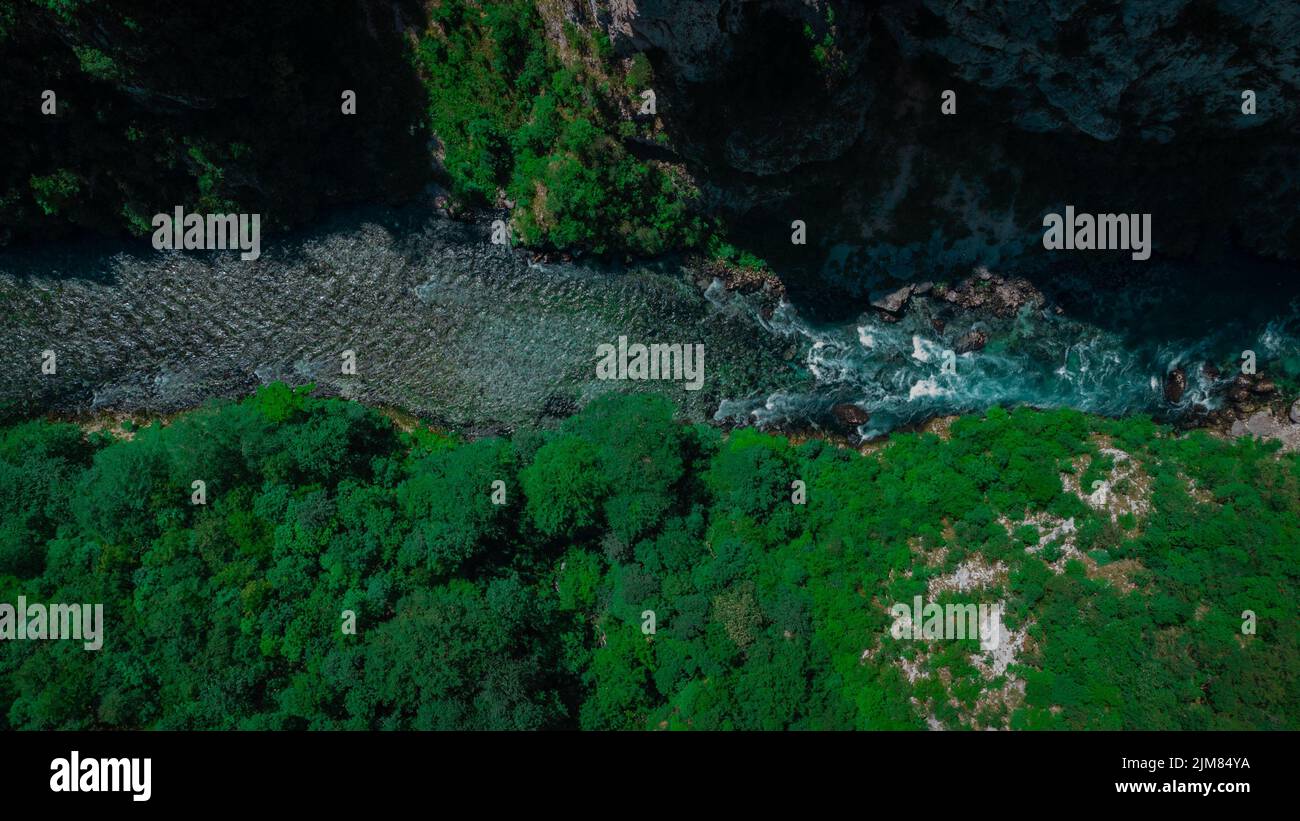 Vertical view of narrow gorge of Piva river canyon close to the high ...