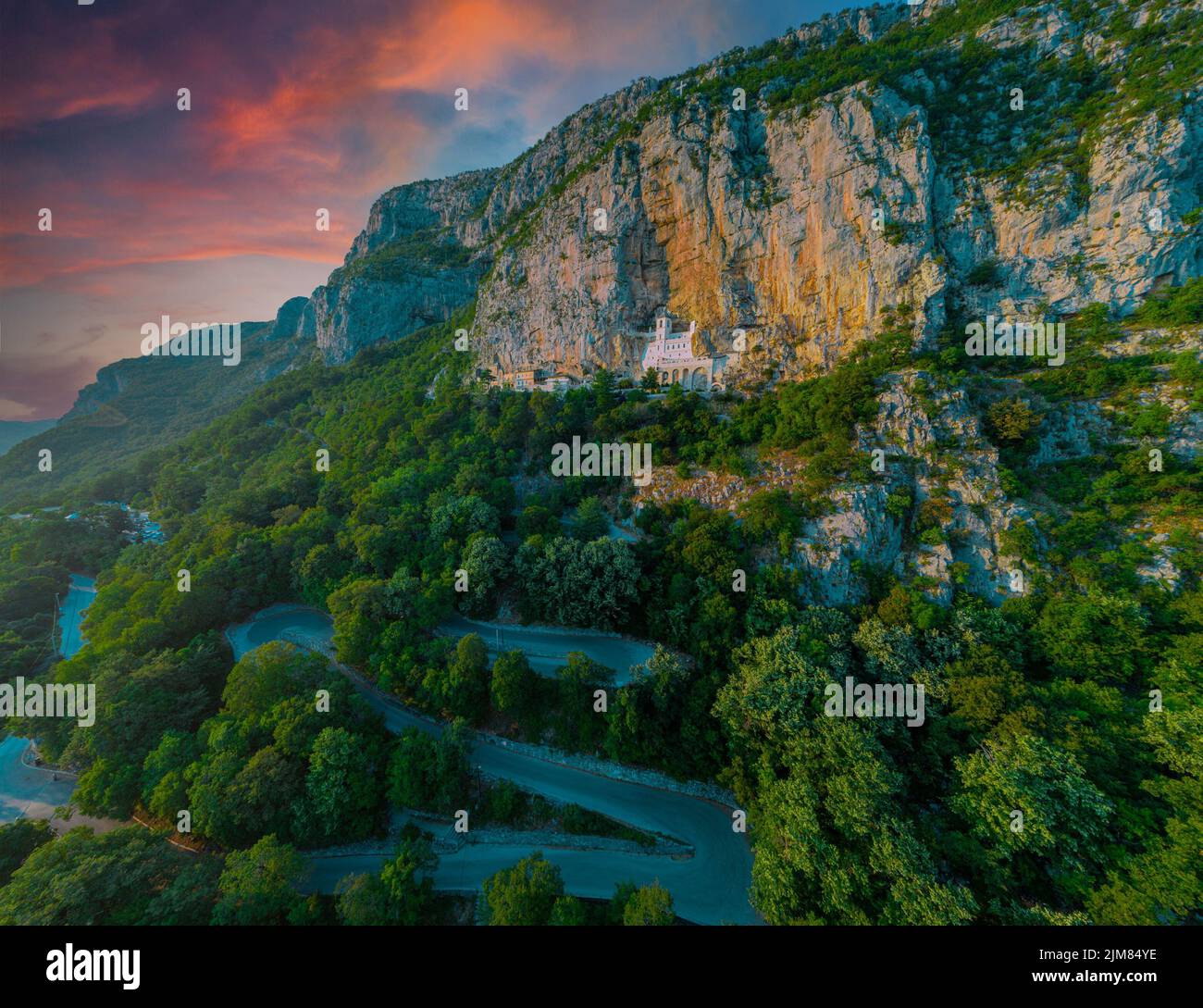 Evening view of Ostrog orthodox monastery in Montenegro or Crna gora ...