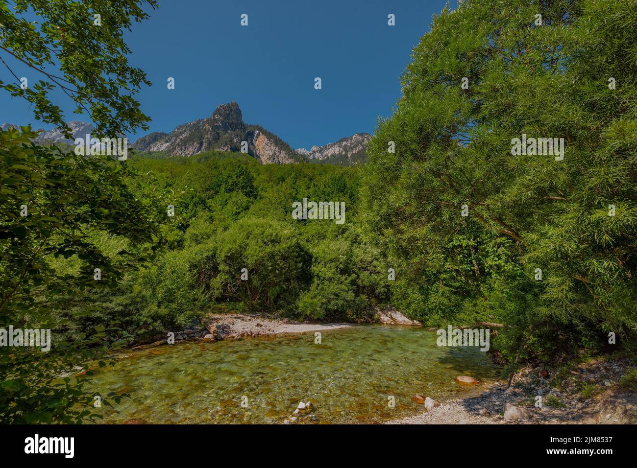 Different mountain peaks in the Valbona valley, Albania. Looking over ...