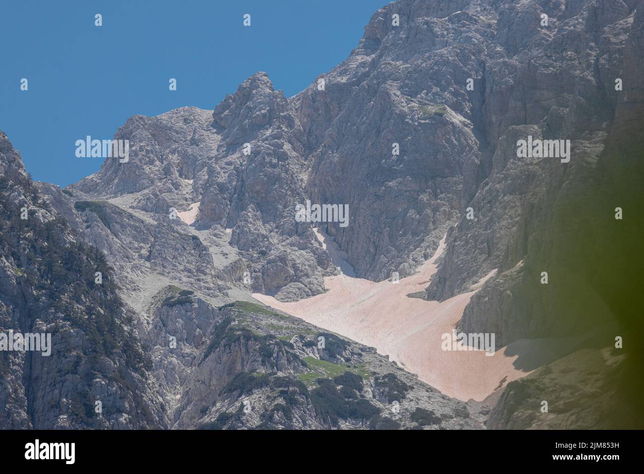 View of the glacier or snow accumulation in the high spots of Maja e ...
