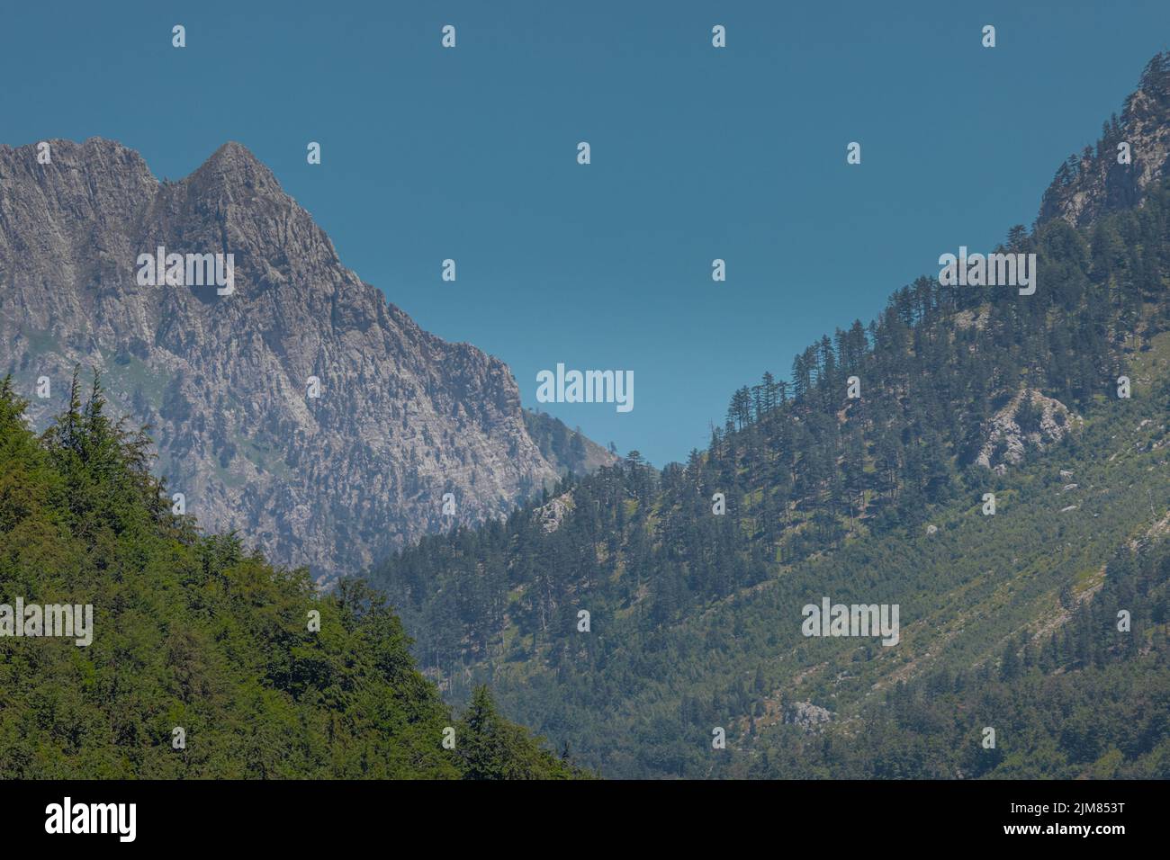 View of the slopes of different mountain peaks around Valbona valley in ...