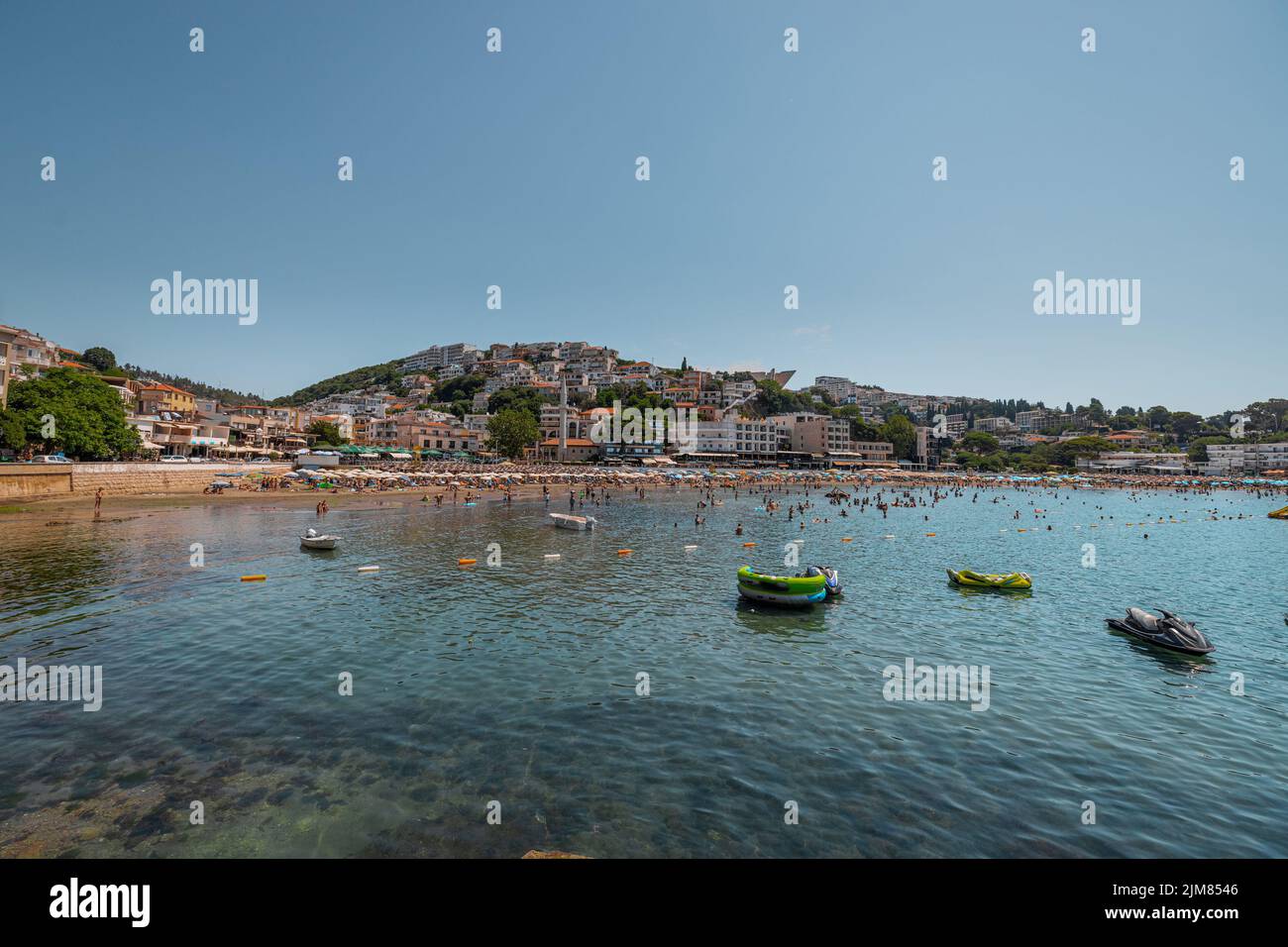 Wide panorama of ulcinj small beach and beachfront, houses in the ...