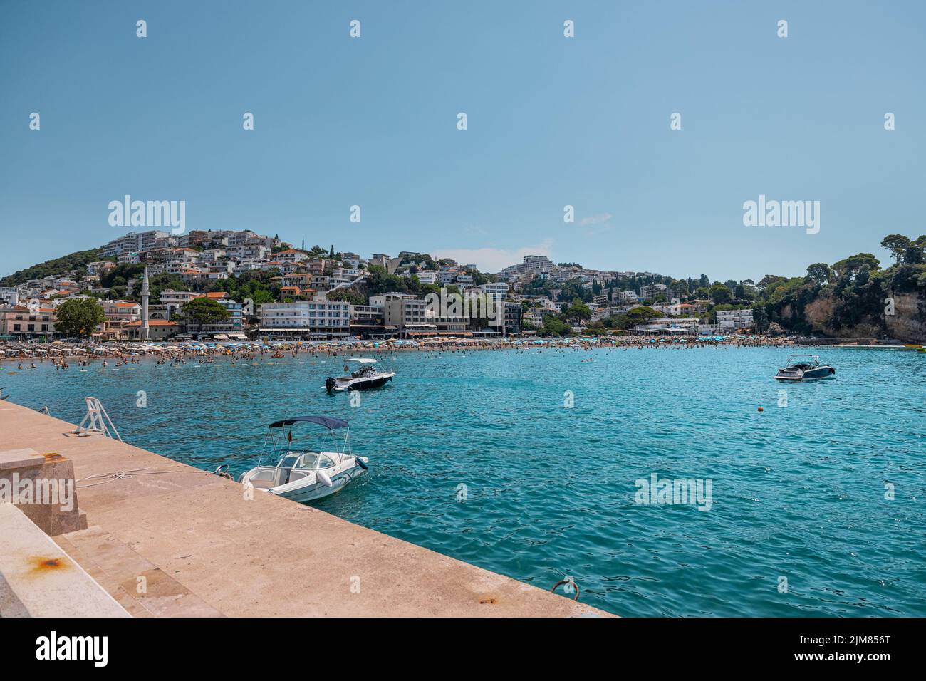 Wide panorama of ulcinj small beach and beachfront, houses in the ...