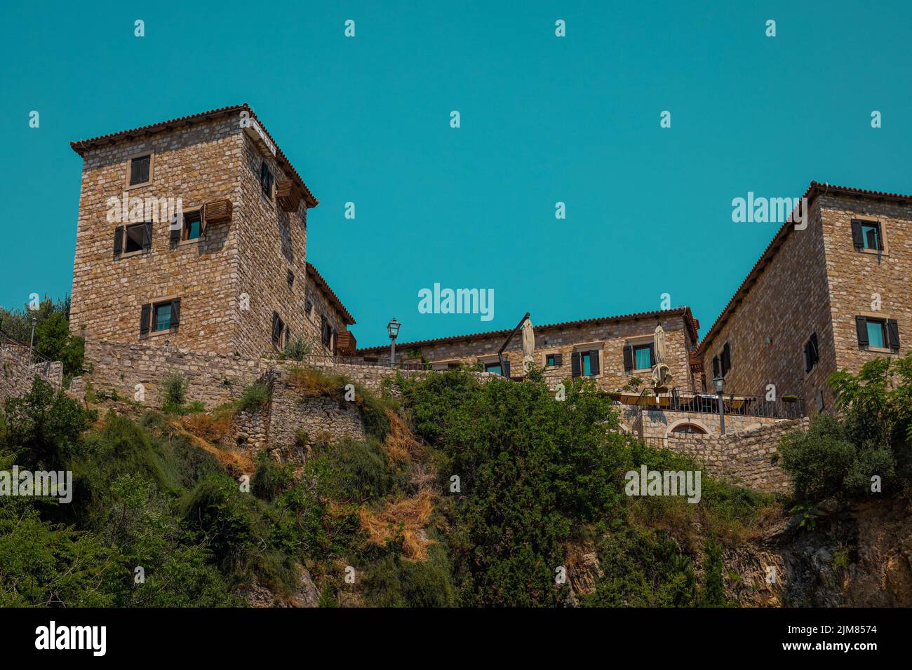 OVerview frog panorama of ulcinj city castle viewed from below. Strong ...