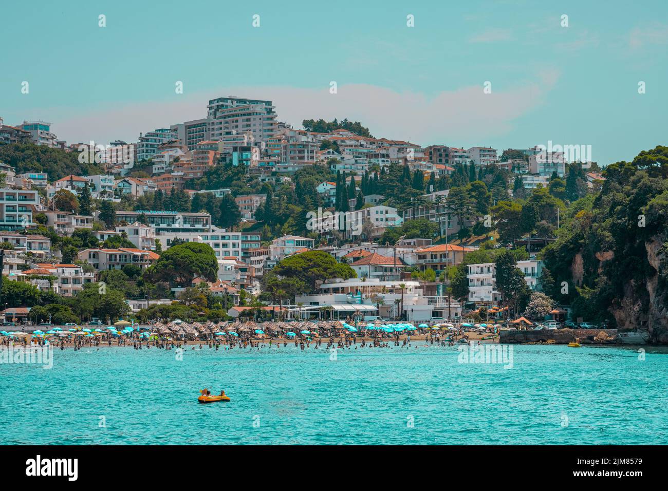 Wide panorama of ulcinj small beach and beachfront, houses in the ...