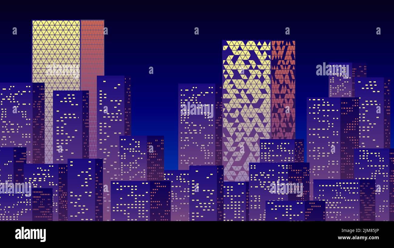 Neon night in the business city with skyscrapers. Purple highrise ...