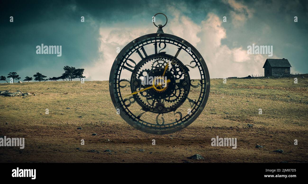 surreal steampunk style clock floating in an empty landscape ,concept ...