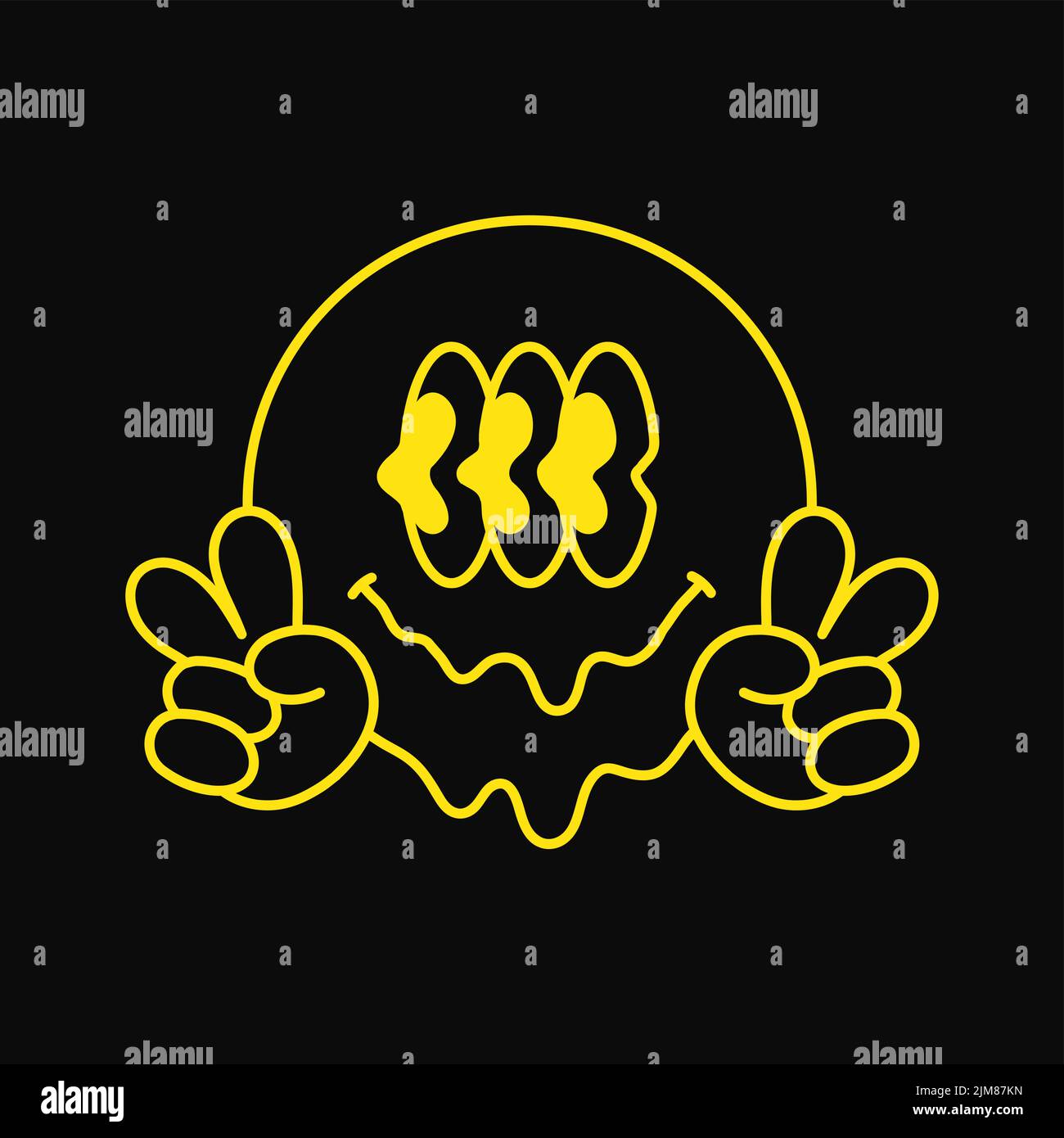 Smile face with peace hippie gesture t-shirt print. Vector hand drawn ...