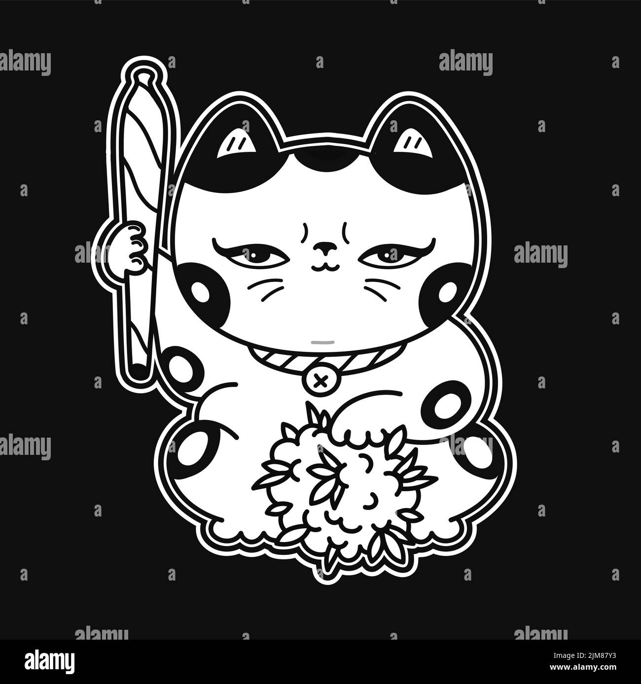 Cute funny kawaii asian Maneki-neko cat with joint and weed bud. Vector ...