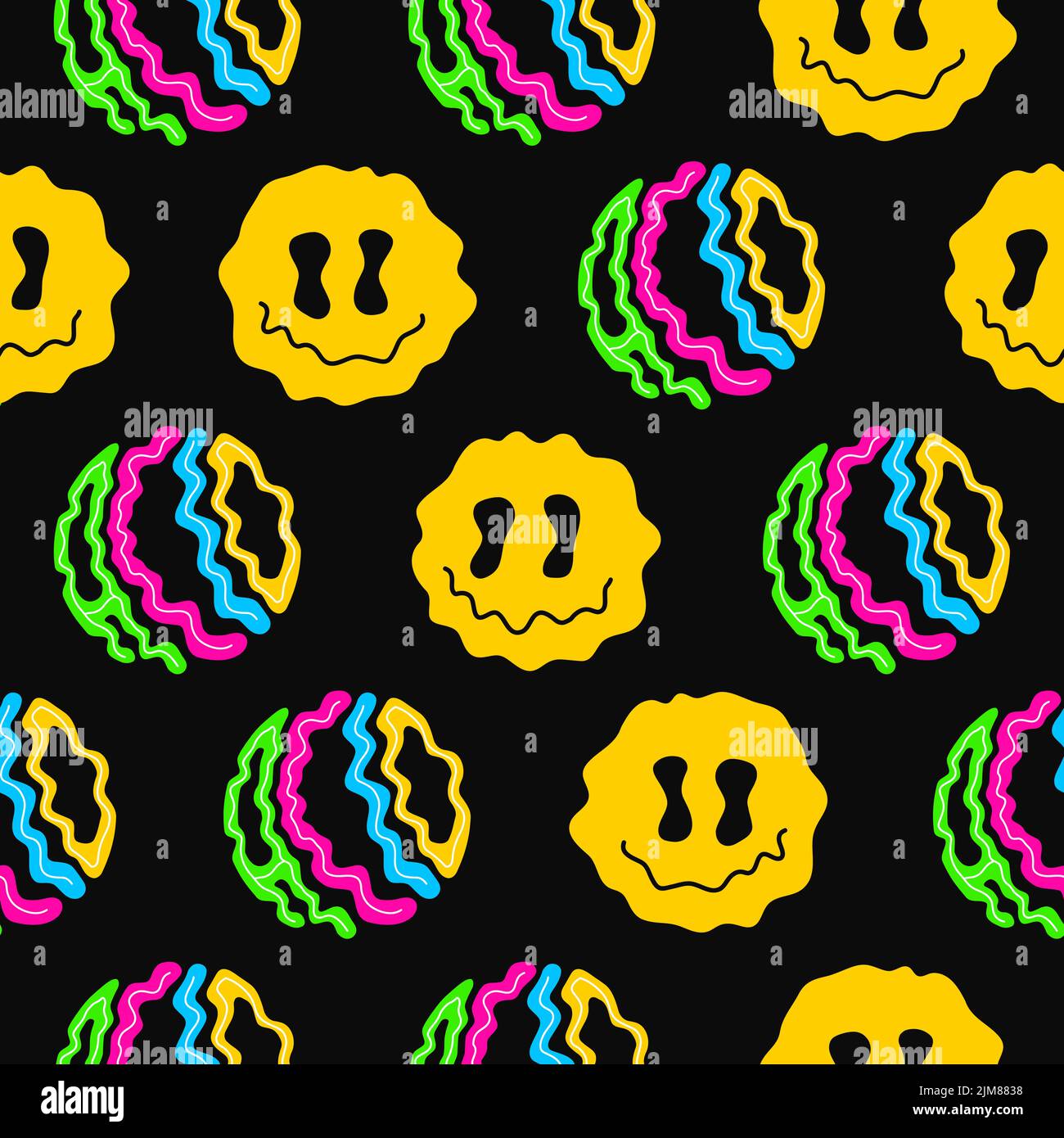 Acid circle quote and melt smile face seamless pattern. Vector hand ...