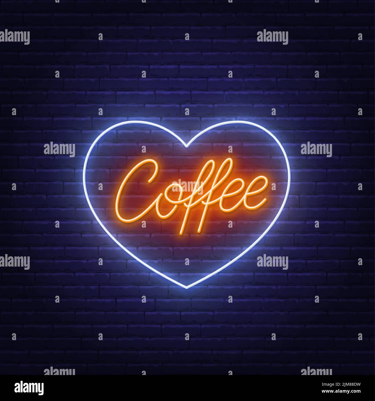 Coffee neon sign in the heart shape on brick wall background Stock ...