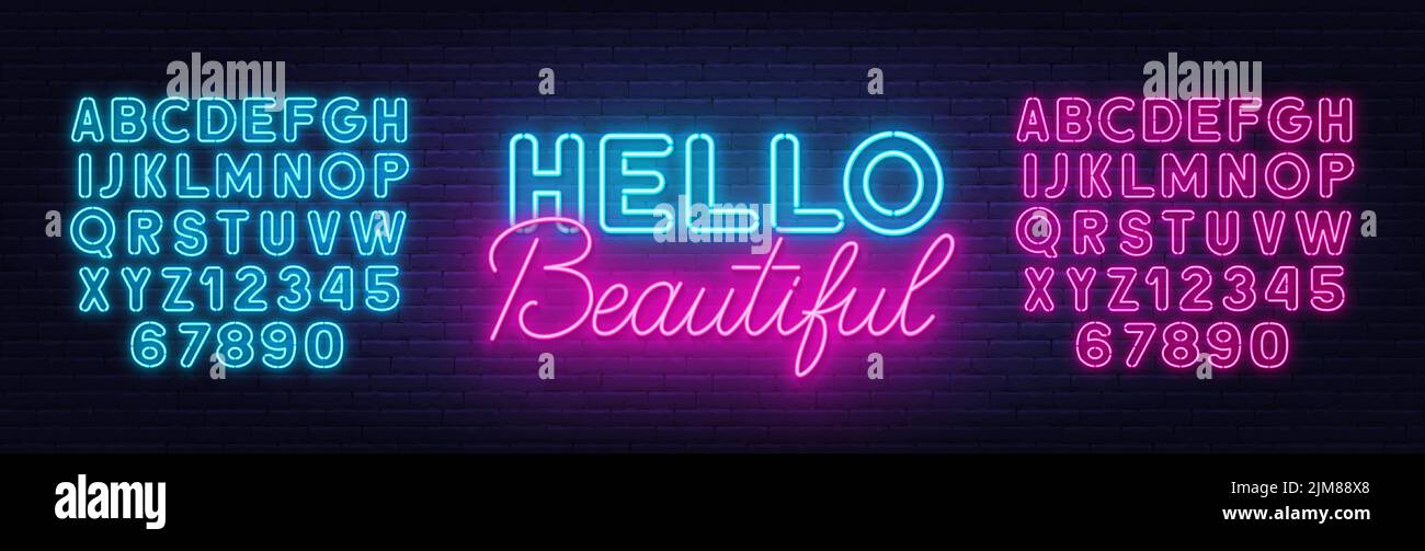 Hello Beautiful neon lettering on brick wall background Stock Vector ...