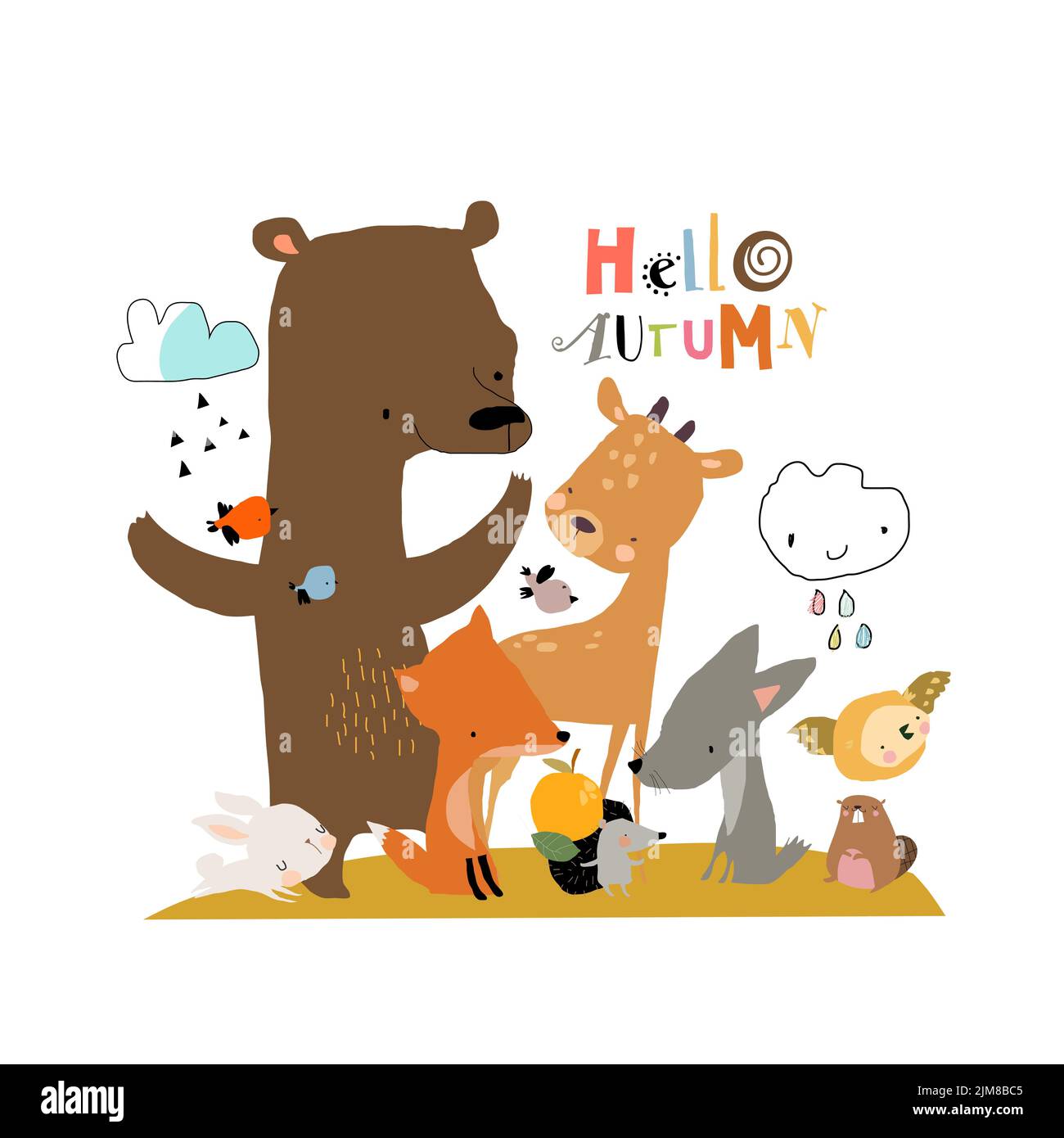 Group of Cartoon Animals meeting Autumn on White Background Stock ...