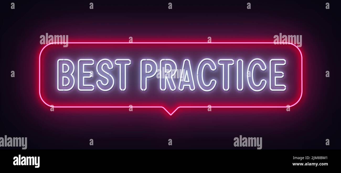 Best Practice neon sign in the speech bubble on black background Stock ...