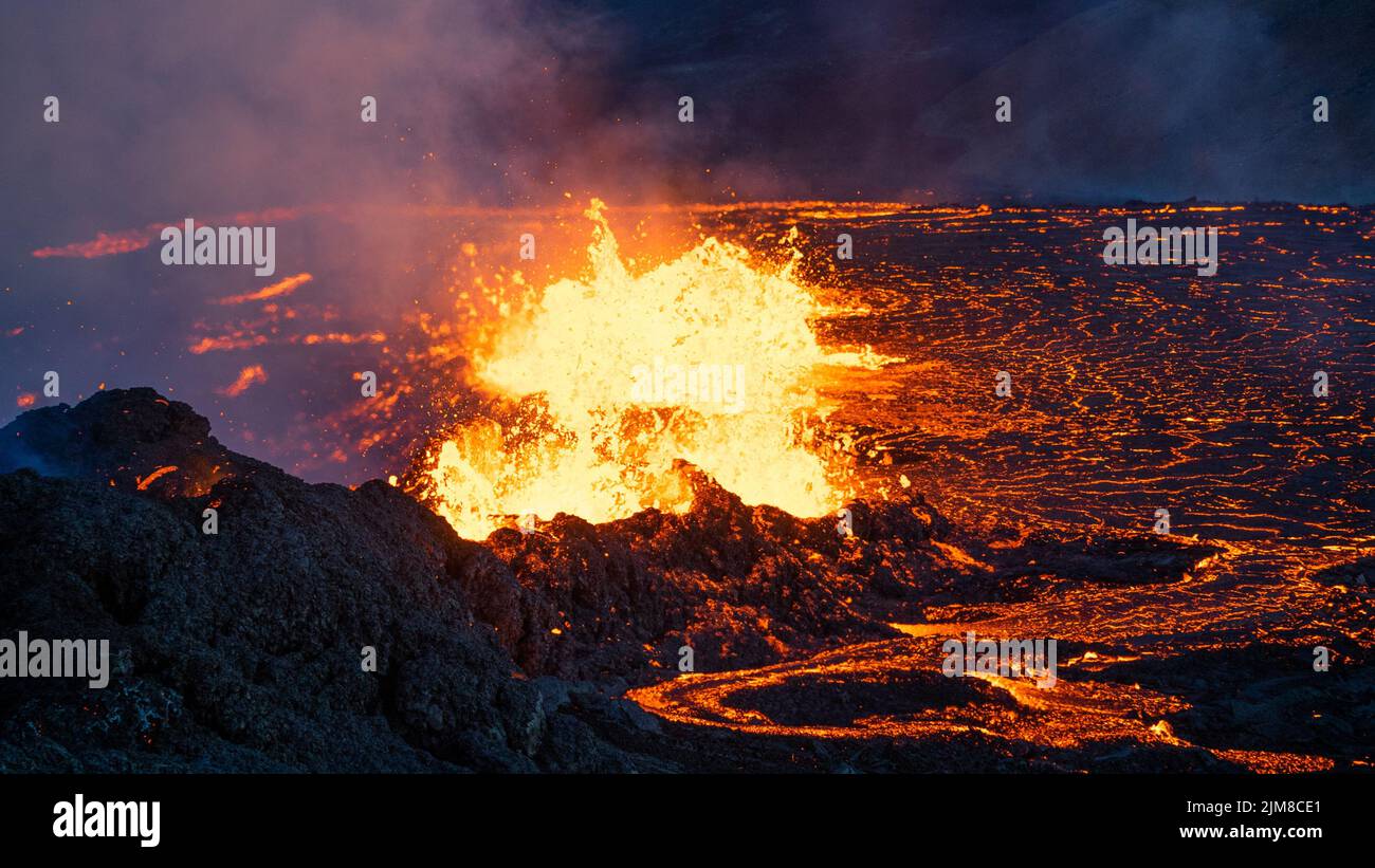 A volcanic eruption in Mt Fagradalsfjall volcano in August 2022 ...