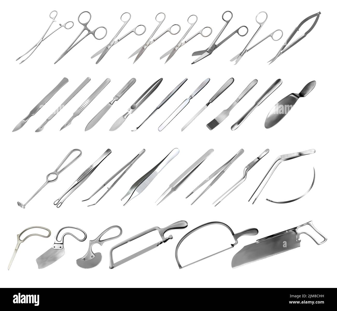 Set of surgical instruments. Tweezers, scalpels, saws, amputation ...