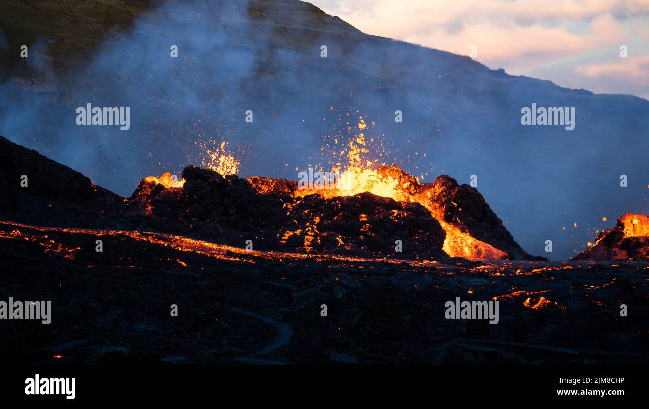 A volcanic eruption in Mt Fagradalsfjall volcano in August 2022 ...