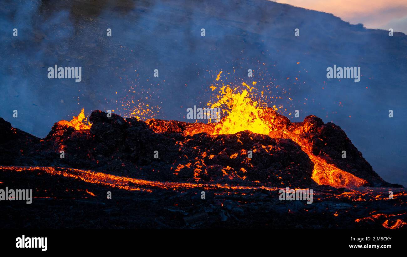 A volcanic eruption in Mt Fagradalsfjall volcano in August 2022 ...