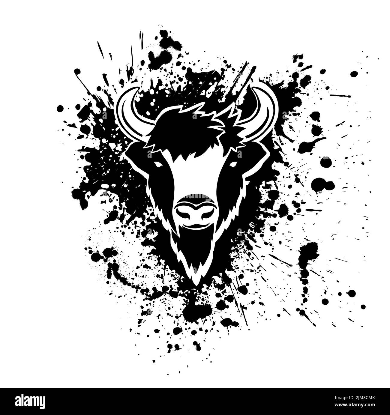 Bison logo with black blots of paint. Bison head. Vector illustration ...