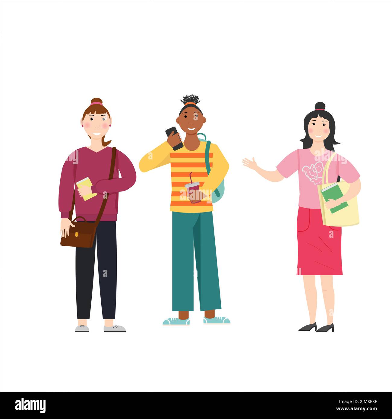 Three friends go to school. Young female students. Vector illustration ...