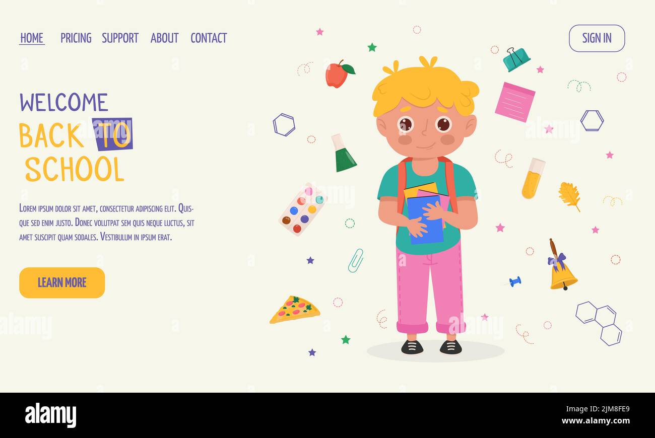 Back to school banner design with colorful funny school character ...