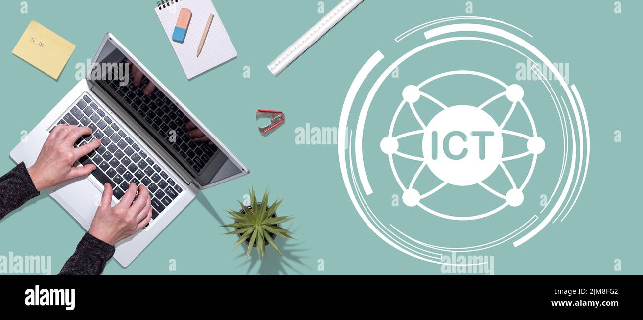 Top view of hands using laptop with symbol of ict concept Stock Photo ...