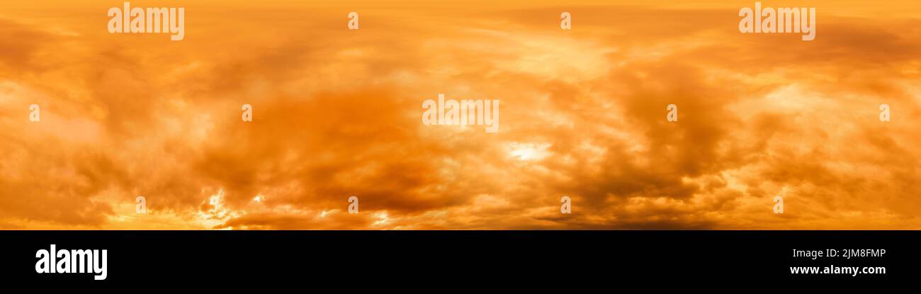 Golden glowing red orange overcast sunset sky panorama. Hdr seamless ...