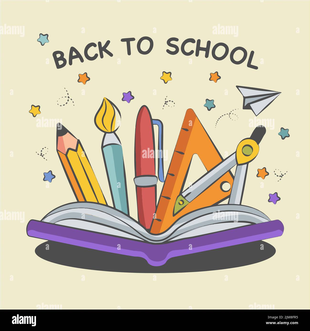background back to school composition from book pencil and brush Stock ...
