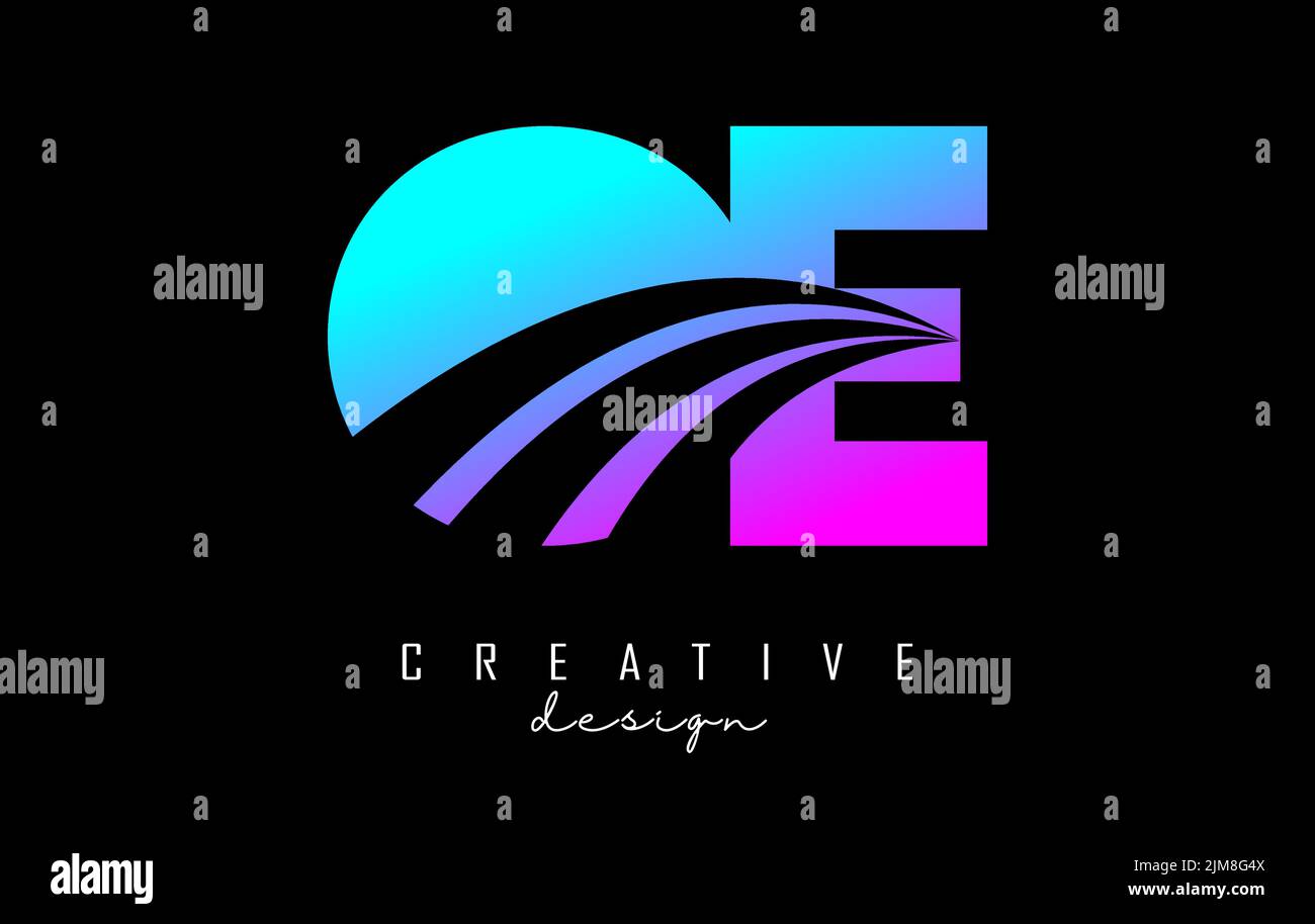 Creative colorful letter Oe o e logo with leading lines and road ...