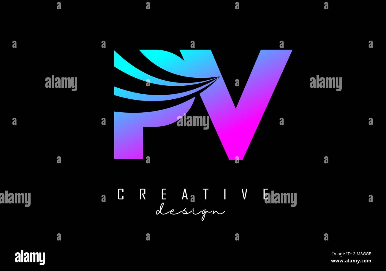 Creative colorful letter PV p v logo with leading lines and road ...