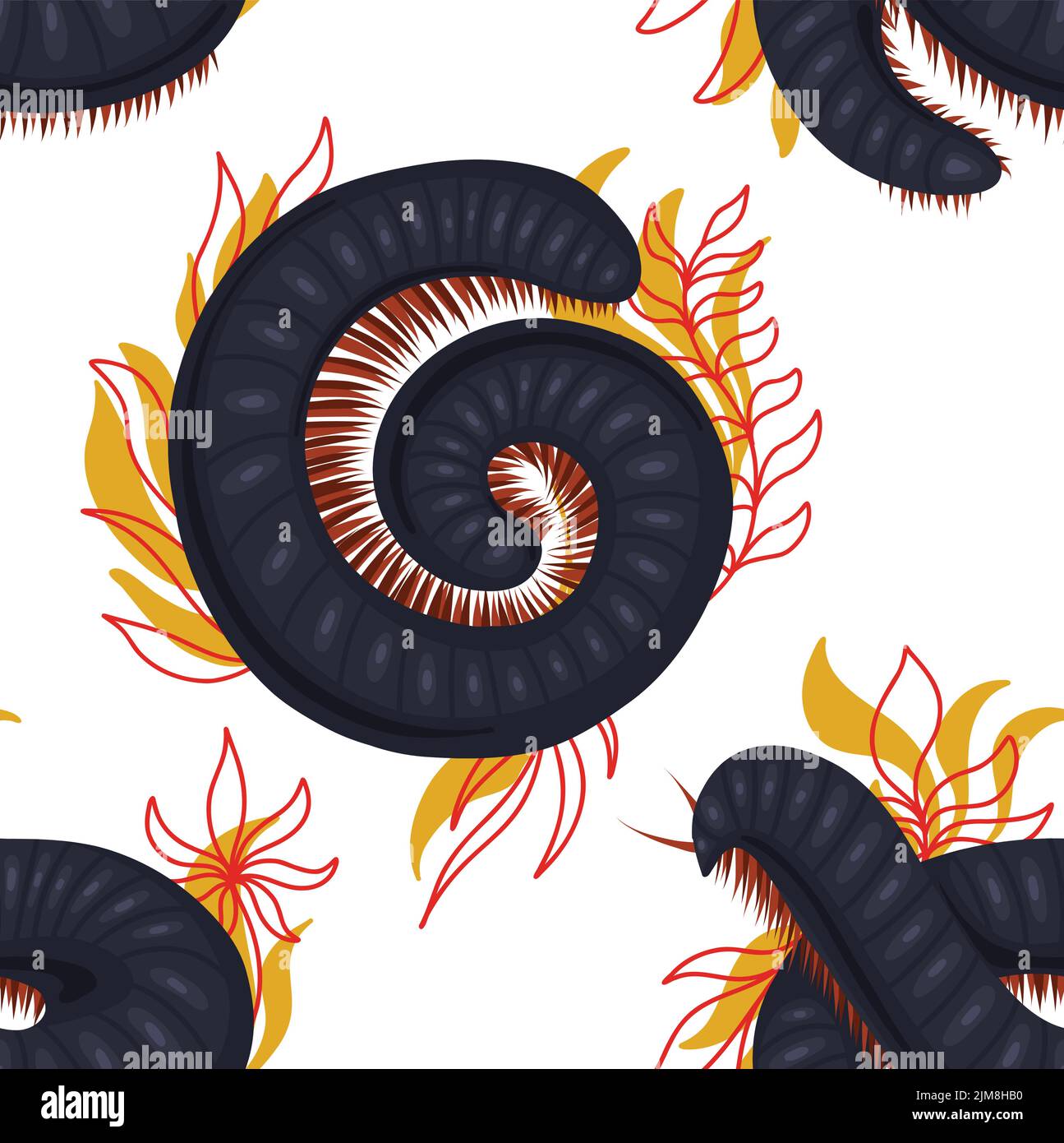 Vector seamless pattern with scary centipedes in roll with foliage and ...