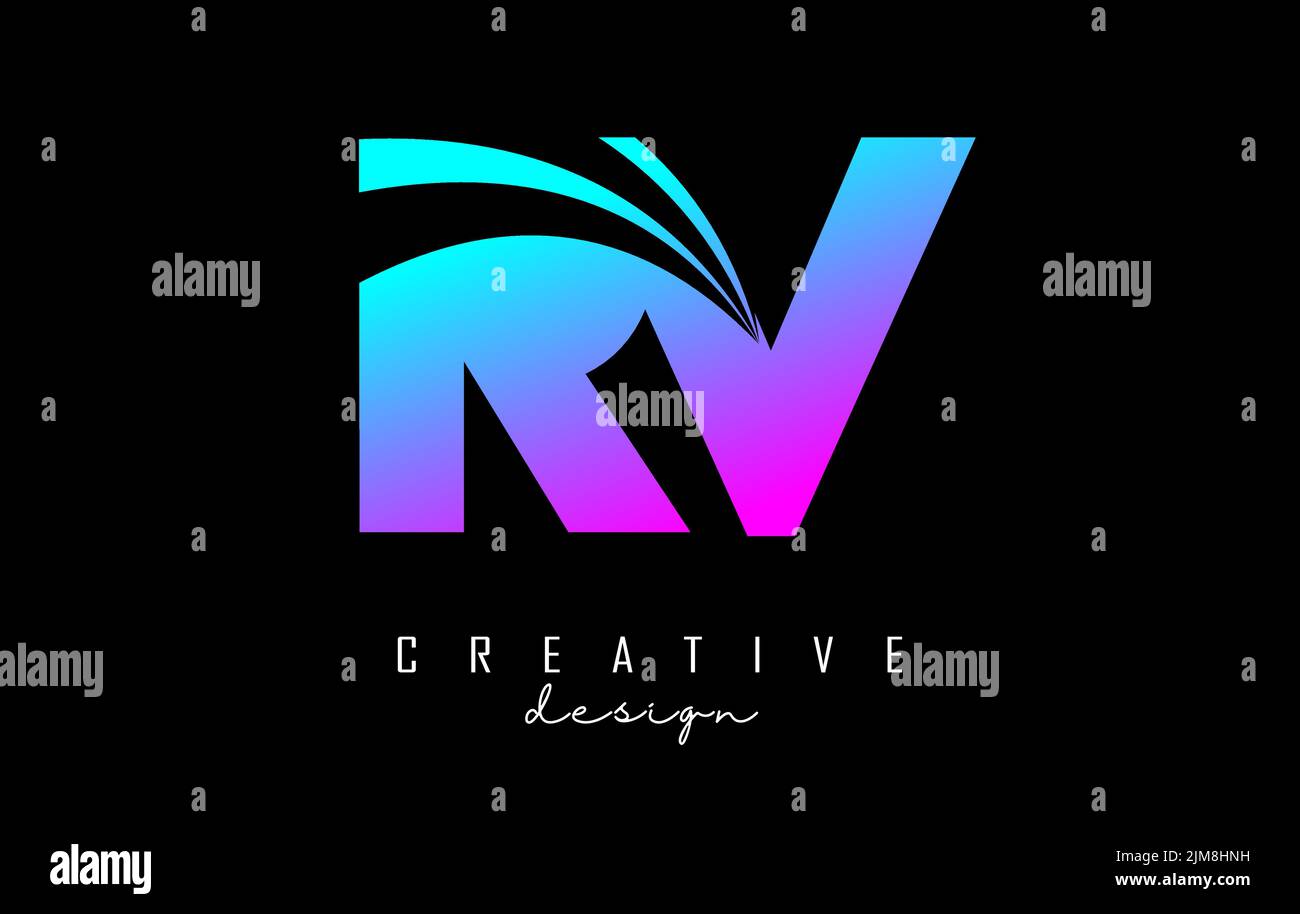 Colorful letter RV R v logo with leading lines and road concept design ...