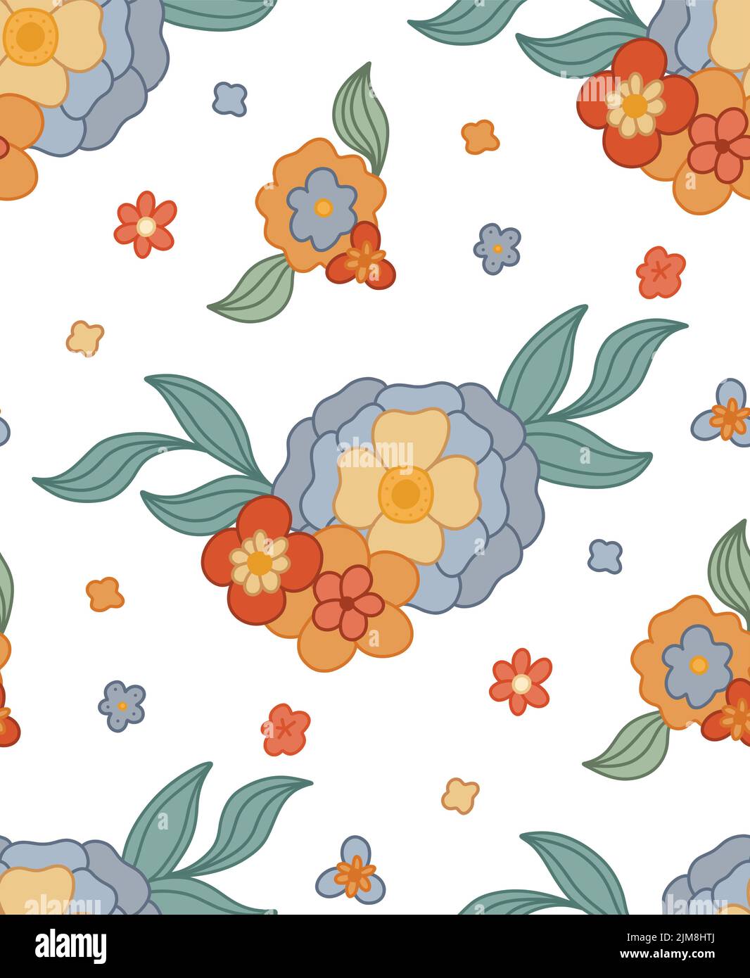 Vector seamless pattern with bouquet of groovy flowers and stems on ...