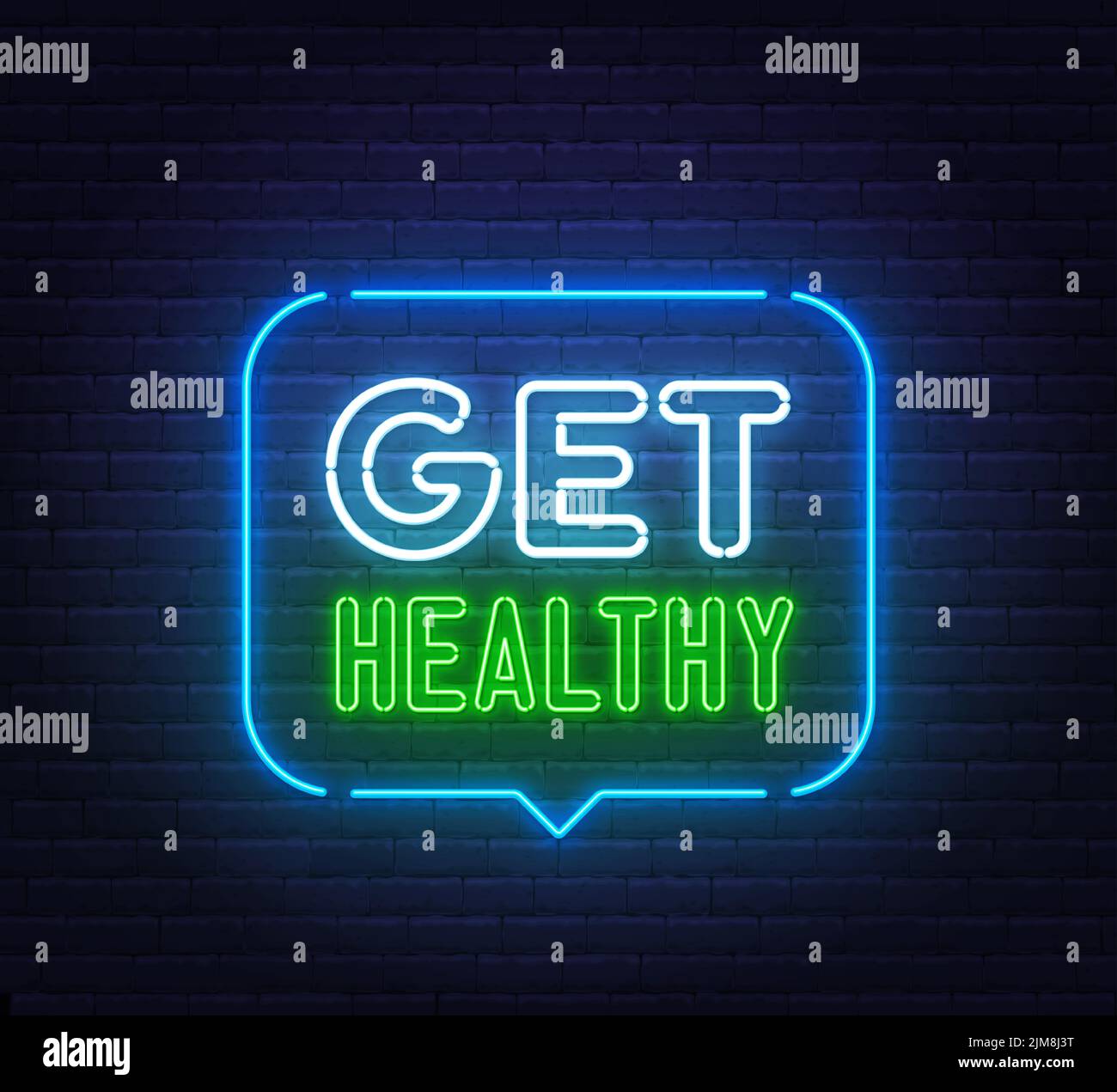 Get Healthy neon sign in the speech bubble on brick wall background ...