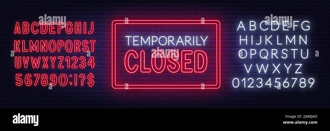 Temporarily closed neon sign on brick wall background Stock Vector ...
