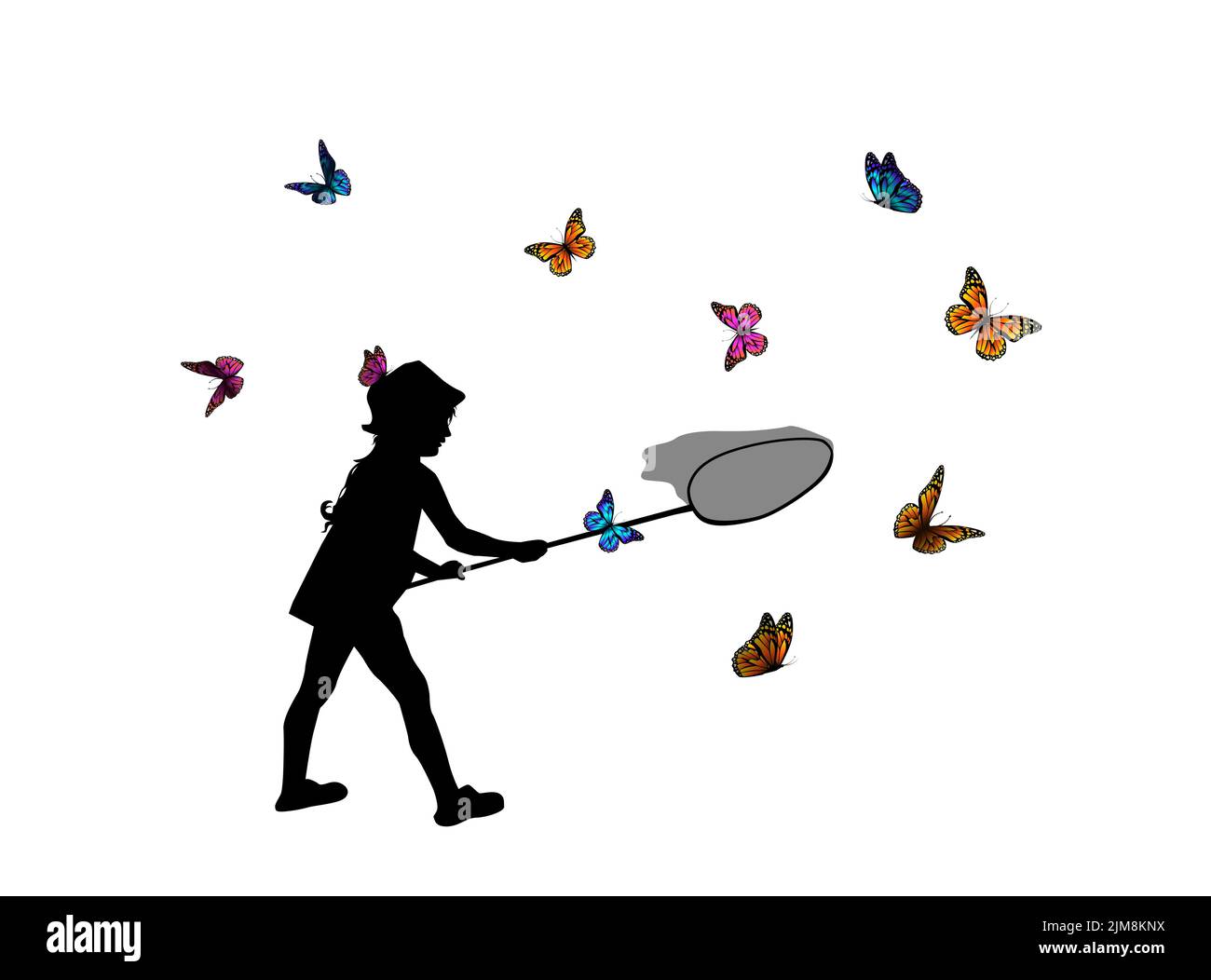 Silhouette of a girl catching butterflies. Vector illustration Stock ...