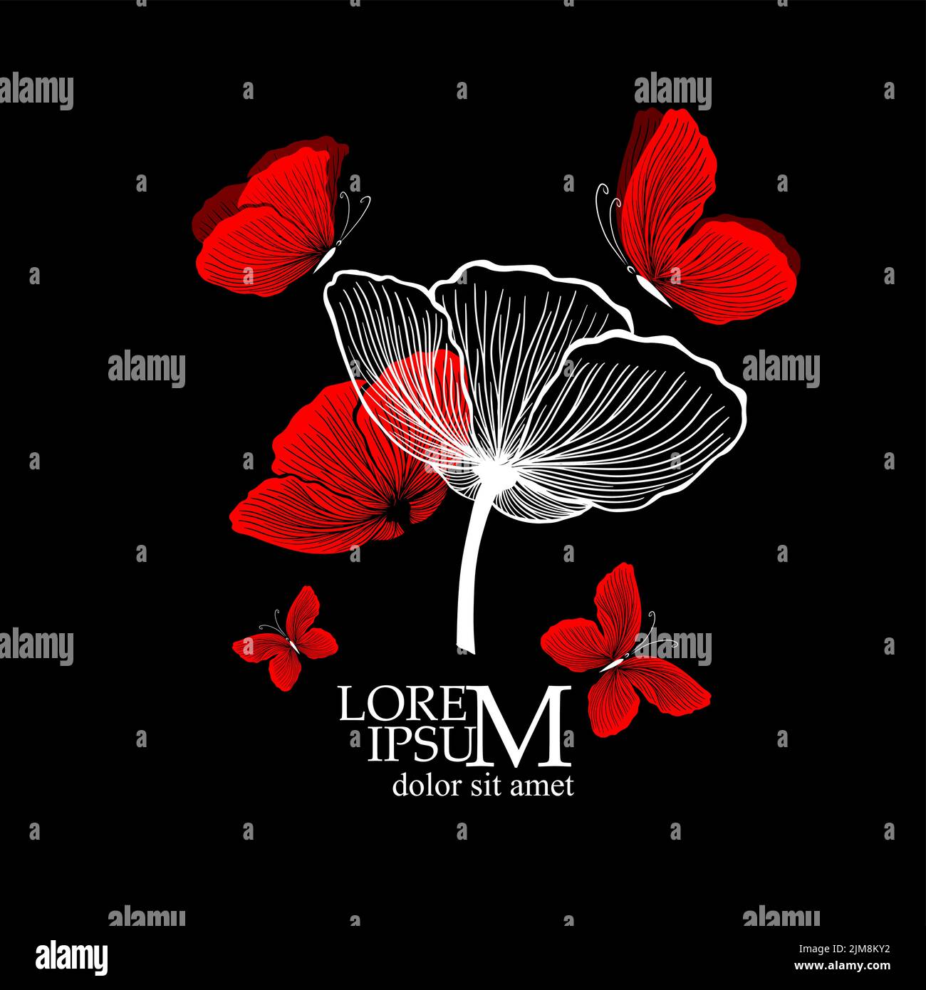 Logo poppy object with butterflies on a black background. Vector ...