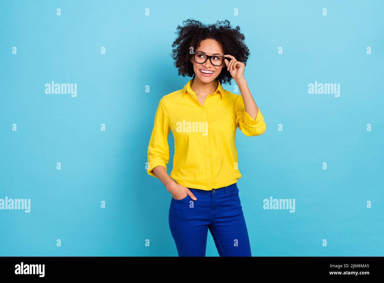 Photo Of Impressed Wavy Hairdo Millennial Lady Look Promo Wear Yellow