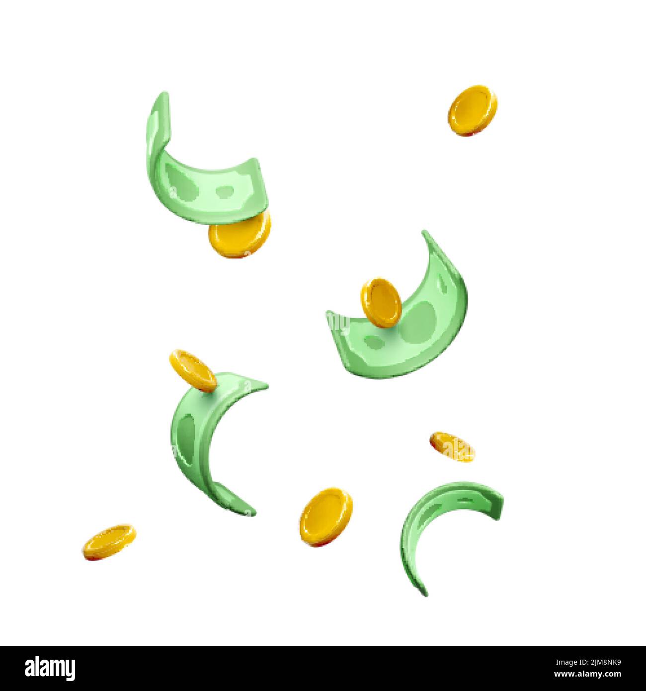 Falling 3D money. Gold coins and green paper dollars. Casino win or ...